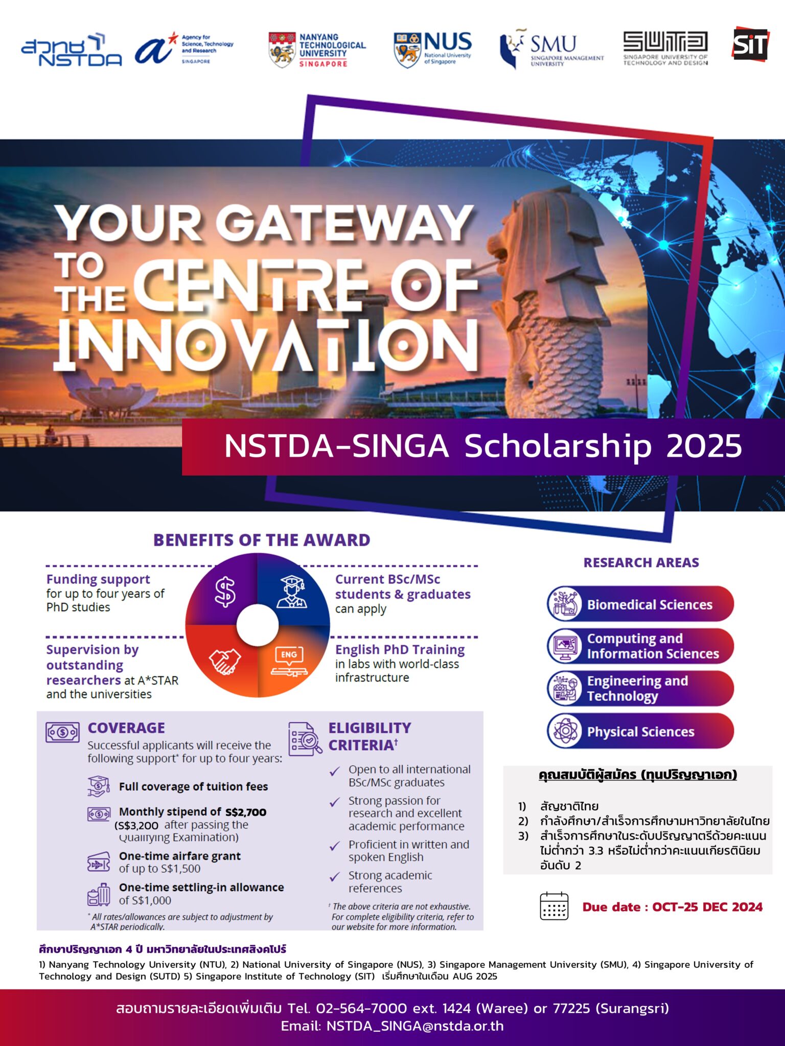 เปิดรับสมัครทุน NSTDA-SINGA เรียนต่อปริญญาเอก 4 ปี ที่สิงคโปร์ ประจำปี 2025 - NSTDA